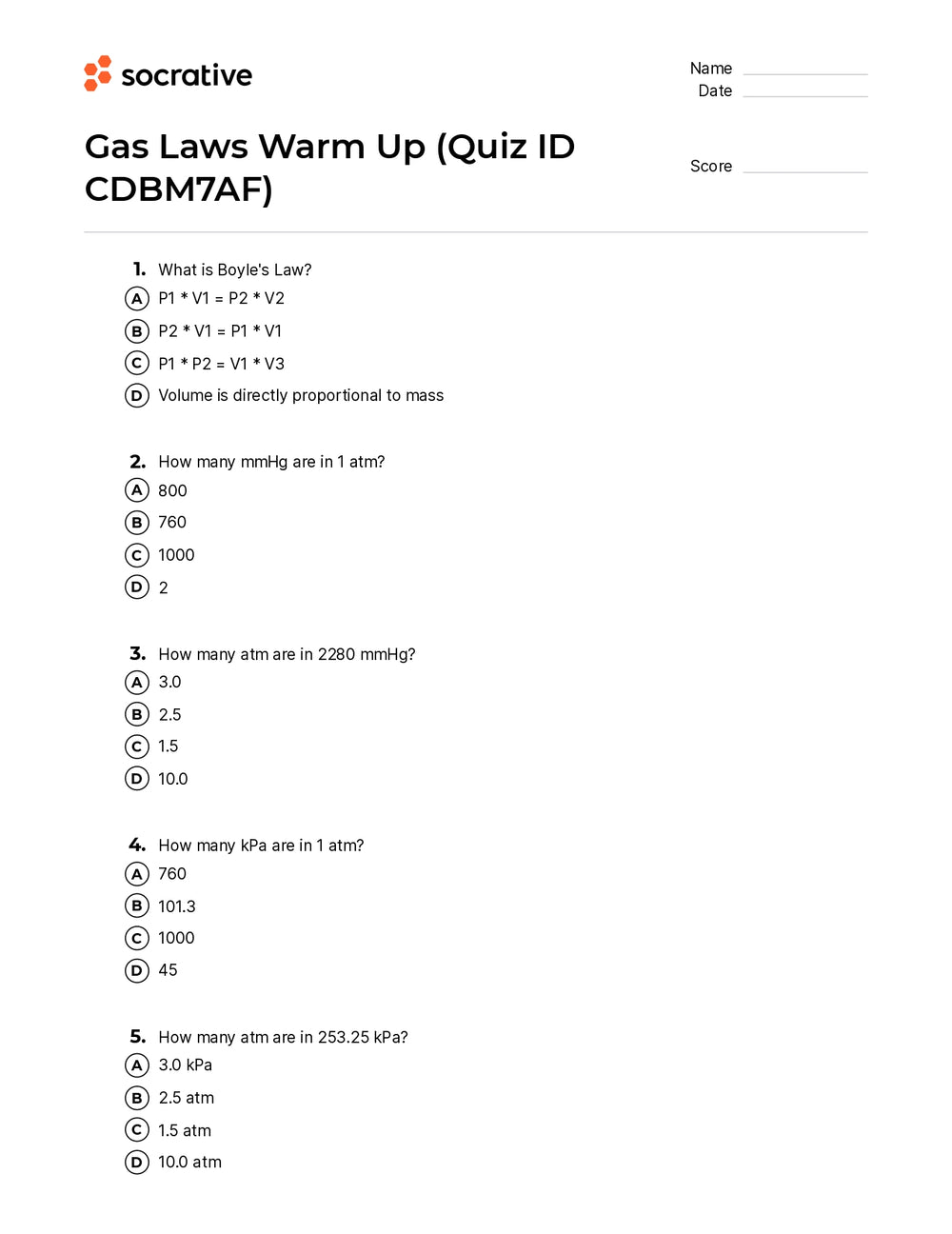 Gas Laws Warm Up – Quiz Shop