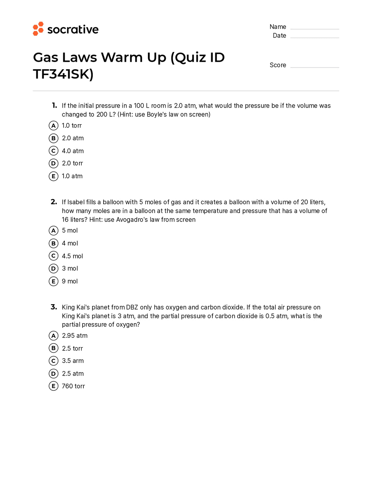 Gas Laws Warm Up – Quiz Shop