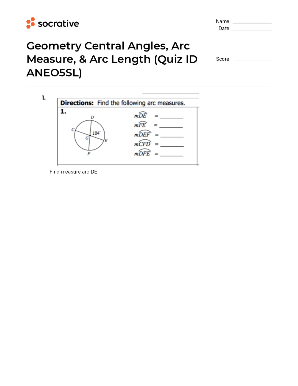 Geometry Central Angles Arc Measure & Arc Length – Quiz Shop