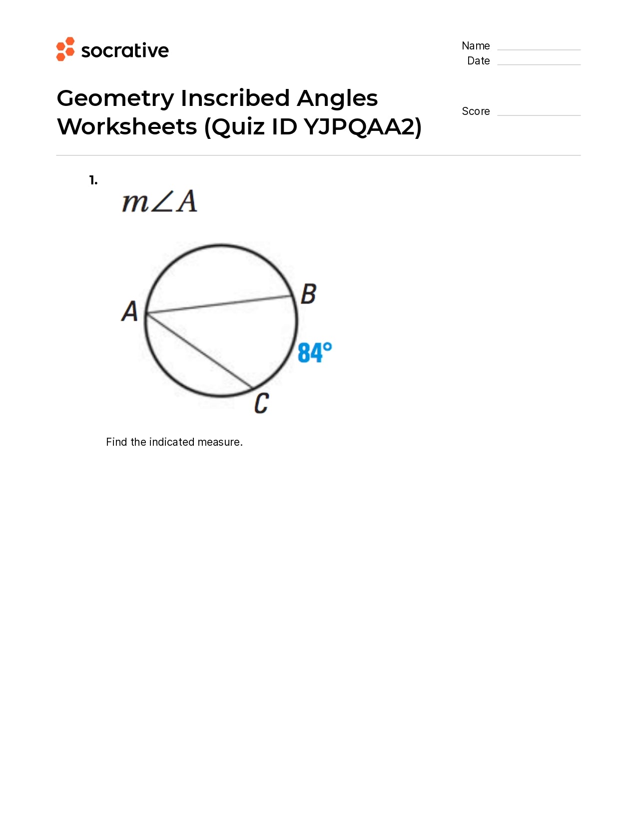 inscribed angles worksheet