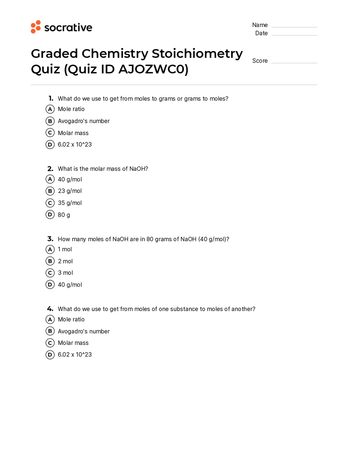 Graded Chemistry Stoichiometry Quiz – Quiz Shop