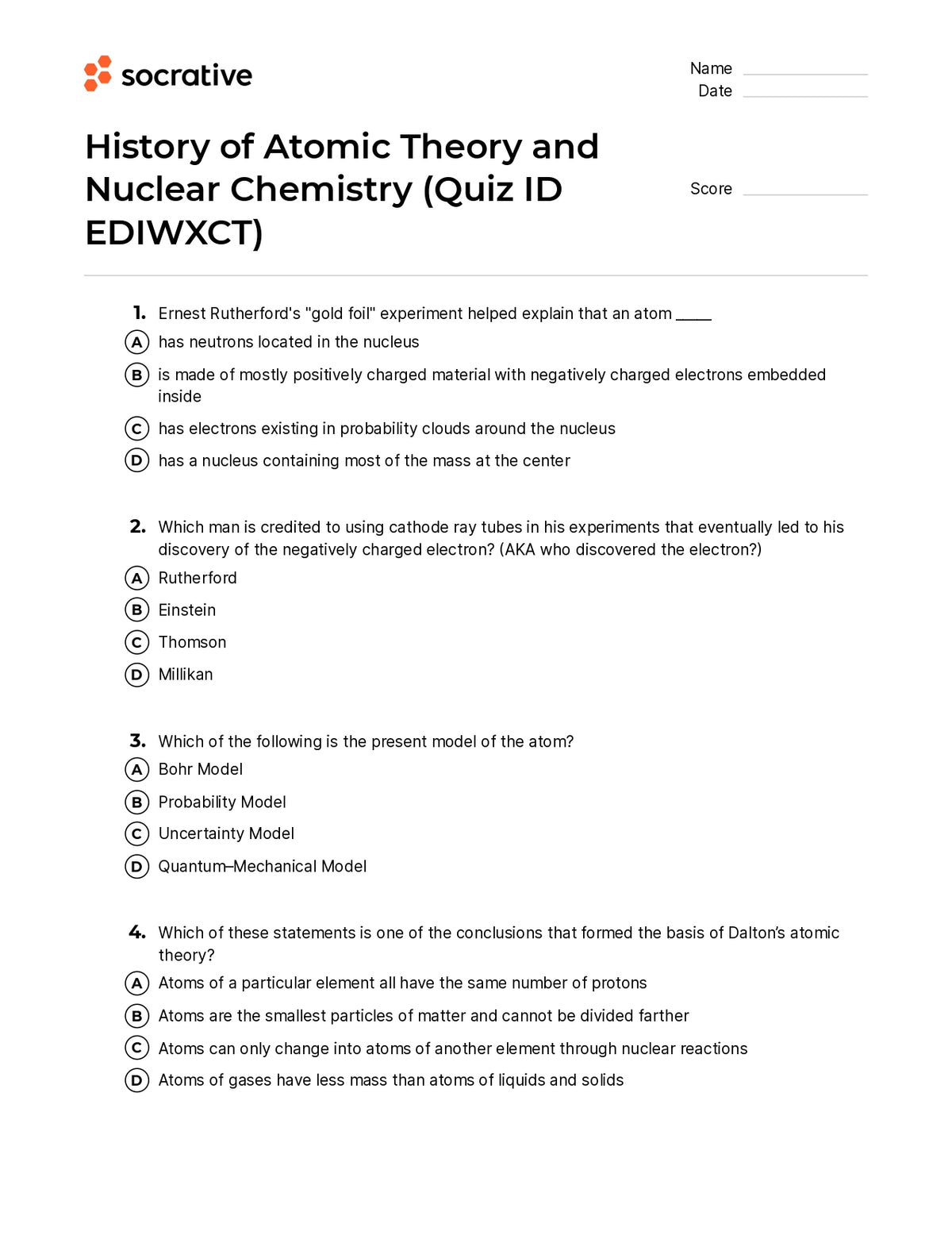 History Of Atomic Theory And Nuclear Chemistry – Quiz Shop