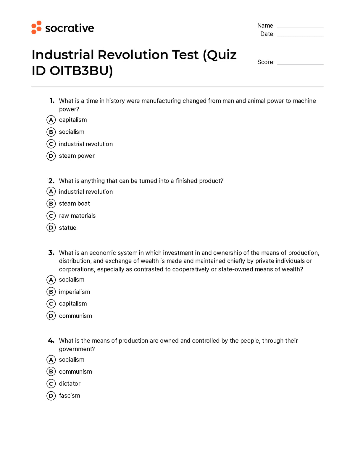 Industrial Revolution Test – Quiz Shop
