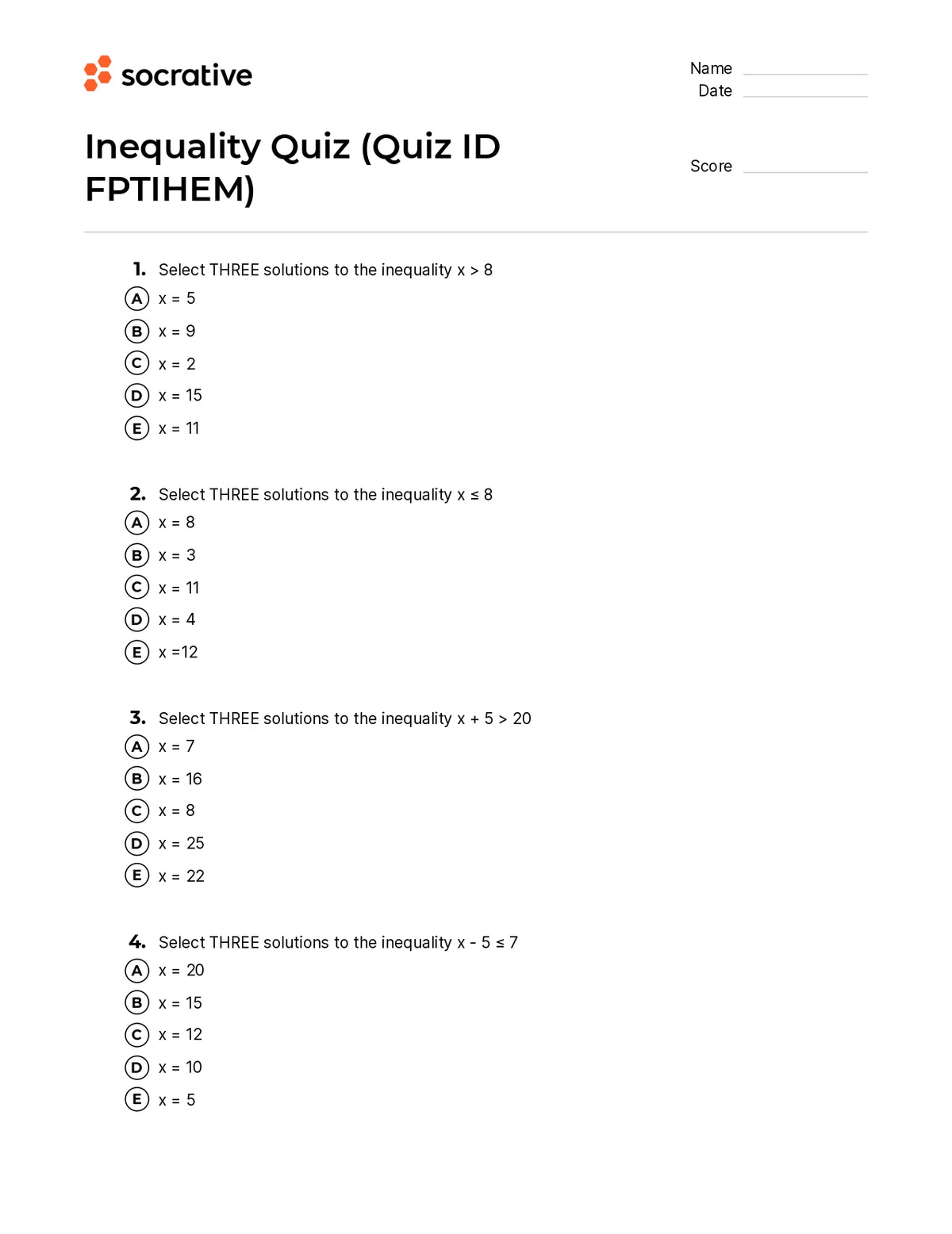 Inequality Quiz – Quiz Shop