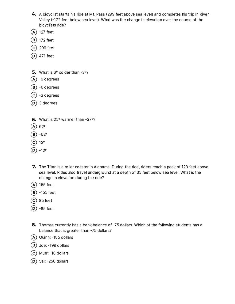 Integer Word Problem Practice – Quiz Shop