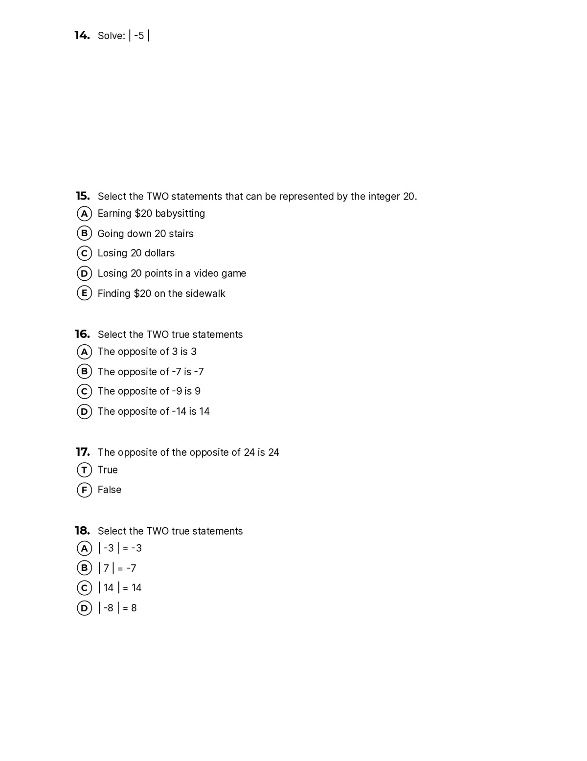 Integer Word Problem Practice – Quiz Shop