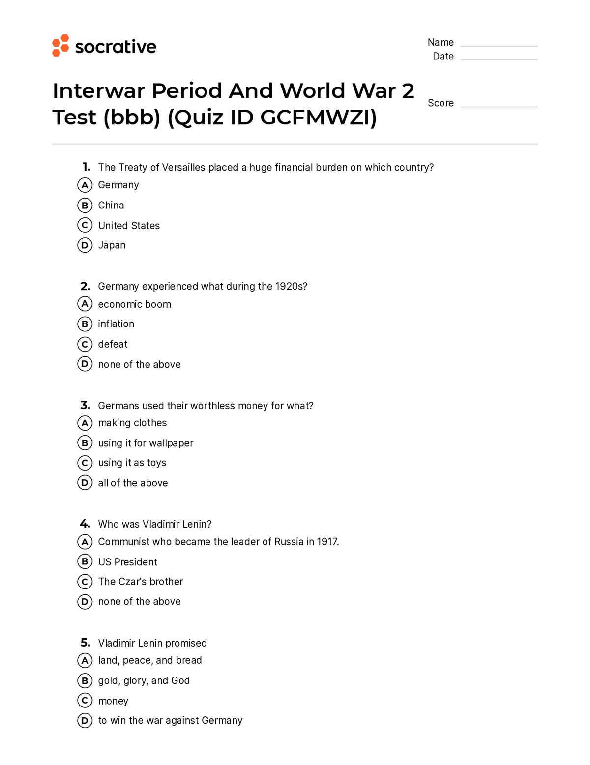 Interwar Period And World War 2 Test (Bbb) – Quiz Shop