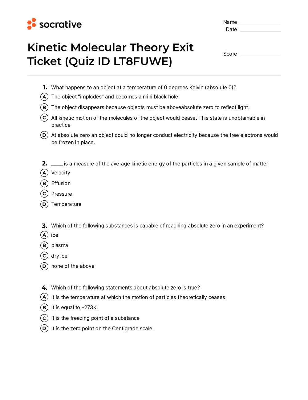 Kinetic Molecular Theory Exit Ticket – Quiz Shop