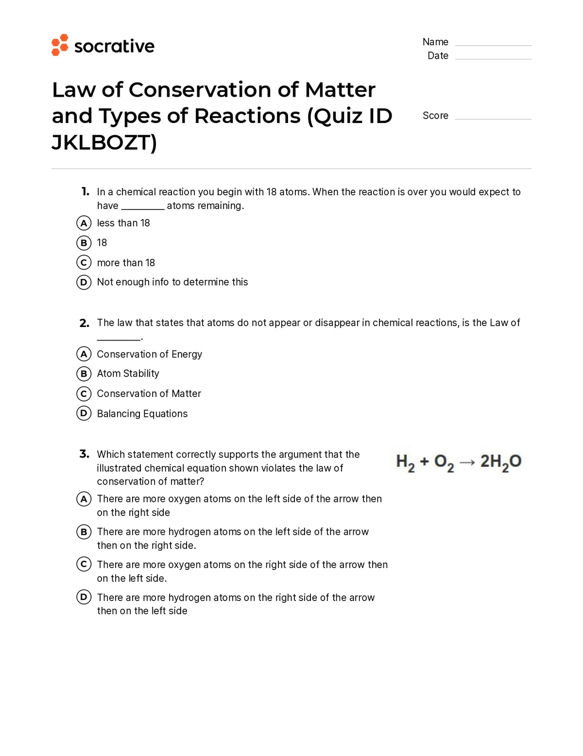 Law Of Conservation Of Matter And Types Of Reactions – Quiz Shop