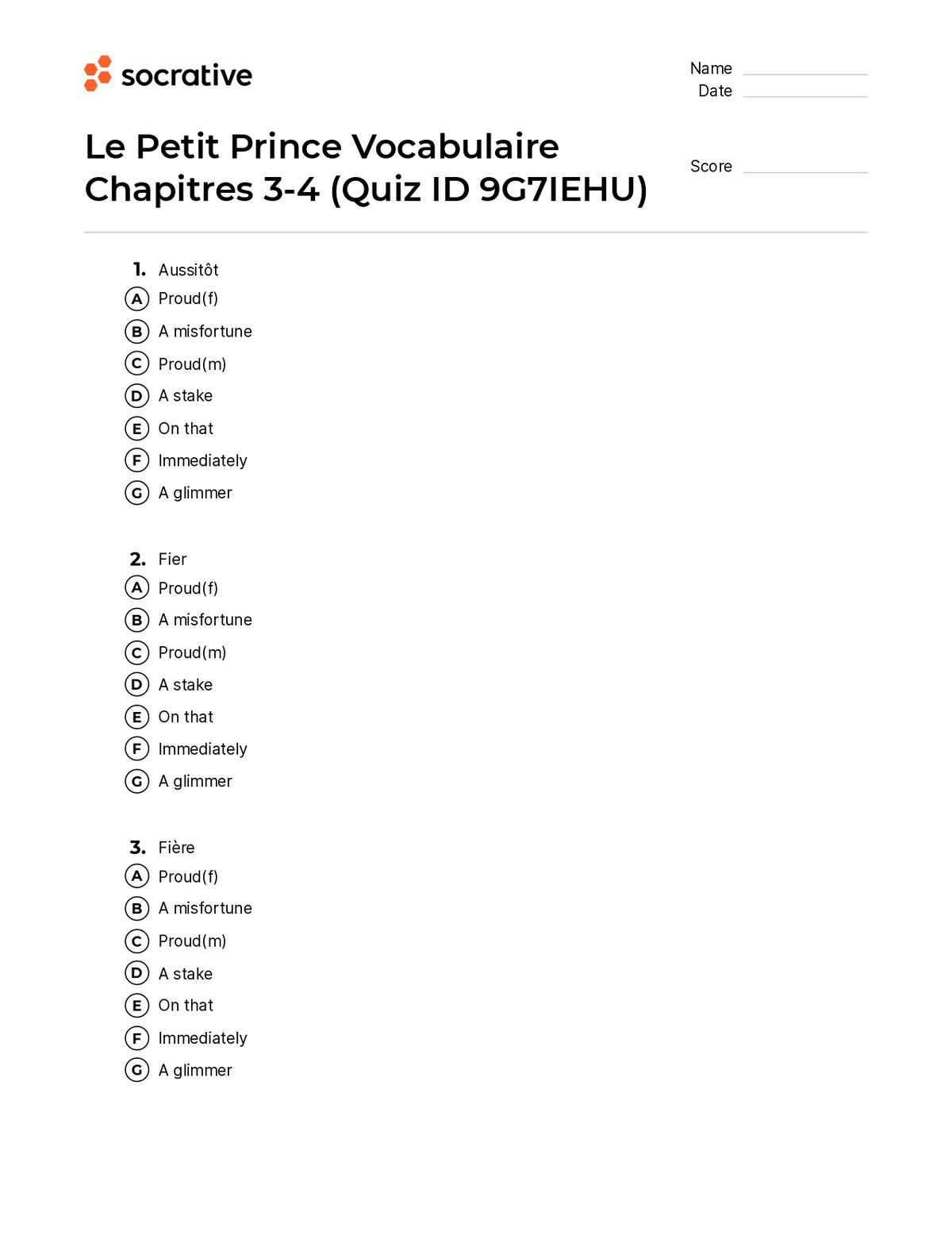 Le Petit Prince Vocabulaire Chapitres 3-4 – Quiz Shop
