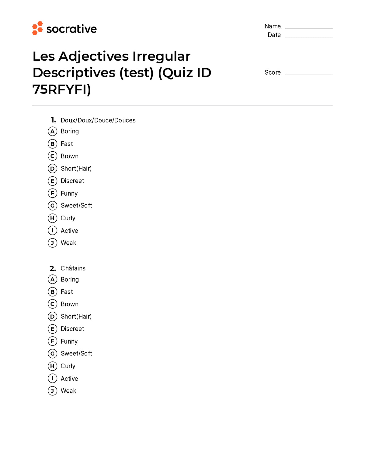 Les Adjectives Irregular Descriptives (Test) – Quiz Shop