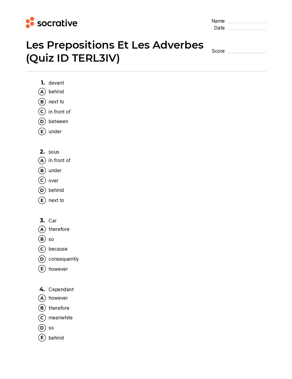 Les Prepositions Et Les Adverbes – Quiz Shop