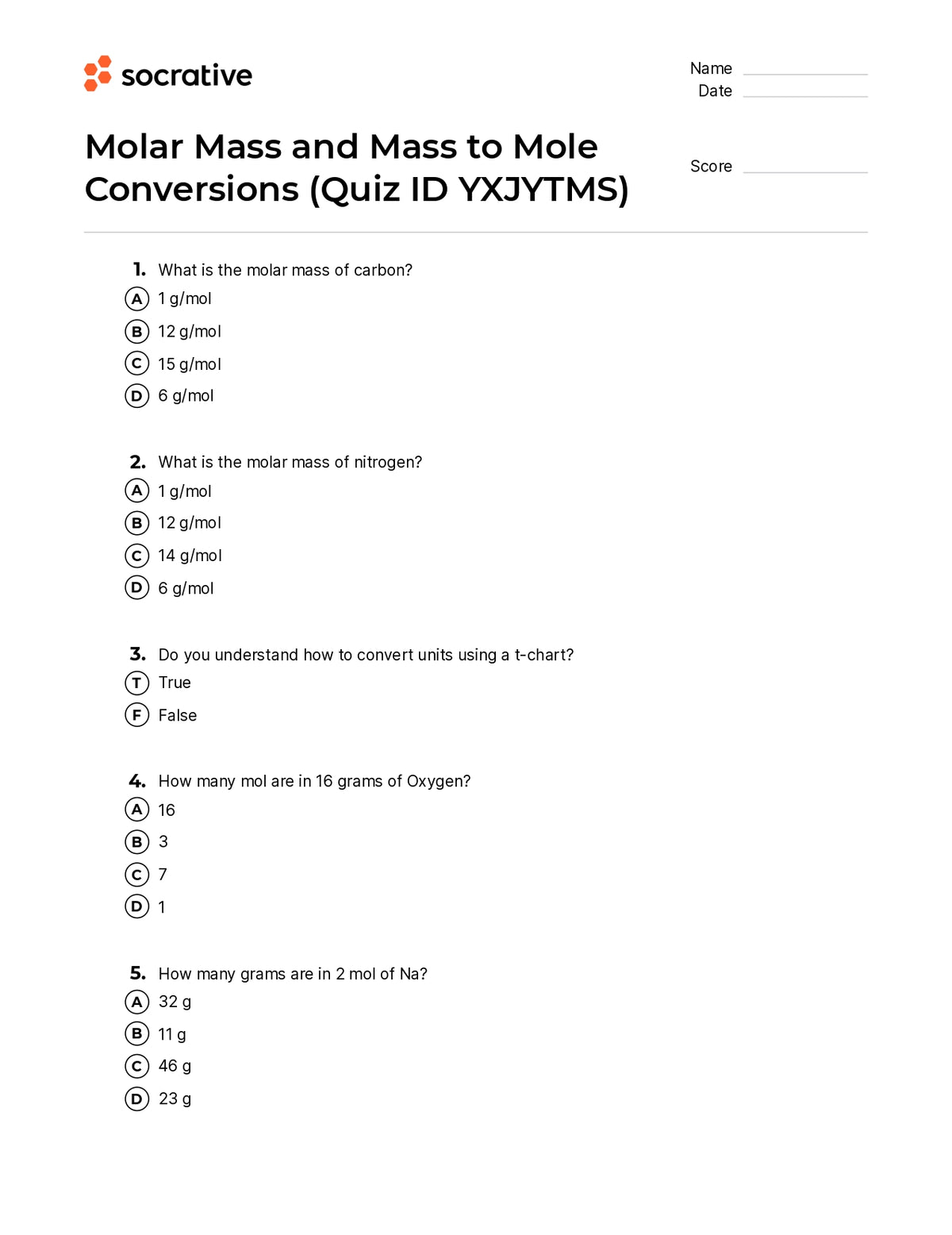 Molar Mass And Mass To Mole Conversions – Quiz Shop