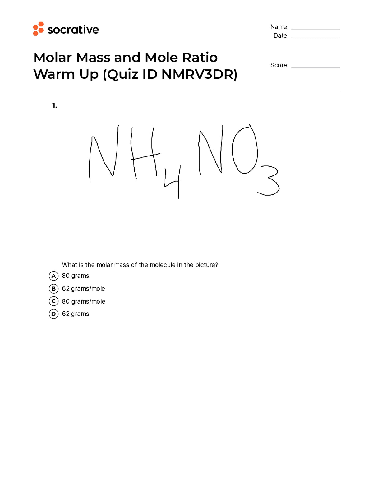 Molar Mass And Mole Ratio Warm Up – Quiz Shop