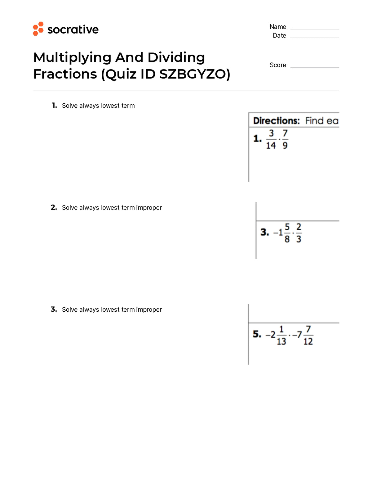 Multiplying And Dividing Fractions – Quiz Shop