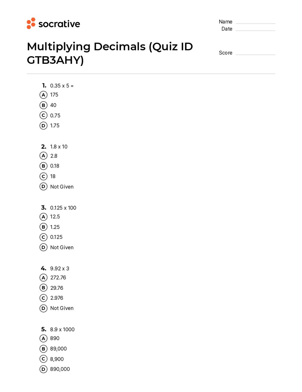 Multiplying Decimals – Quiz Shop