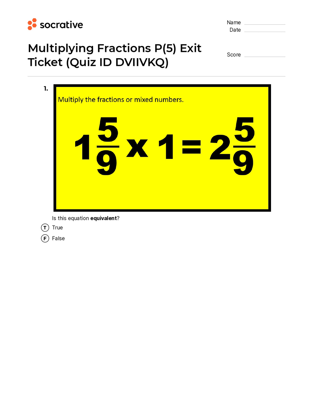Multiplying Fractions P(5) Exit Ticket – Quiz Shop