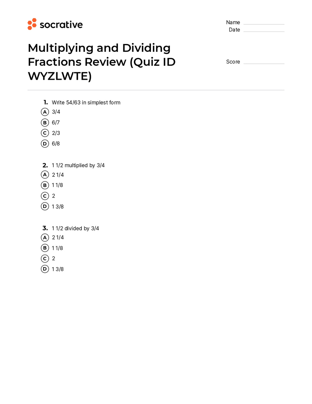 Multiplying And Dividing Fractions Review – Quiz Shop
