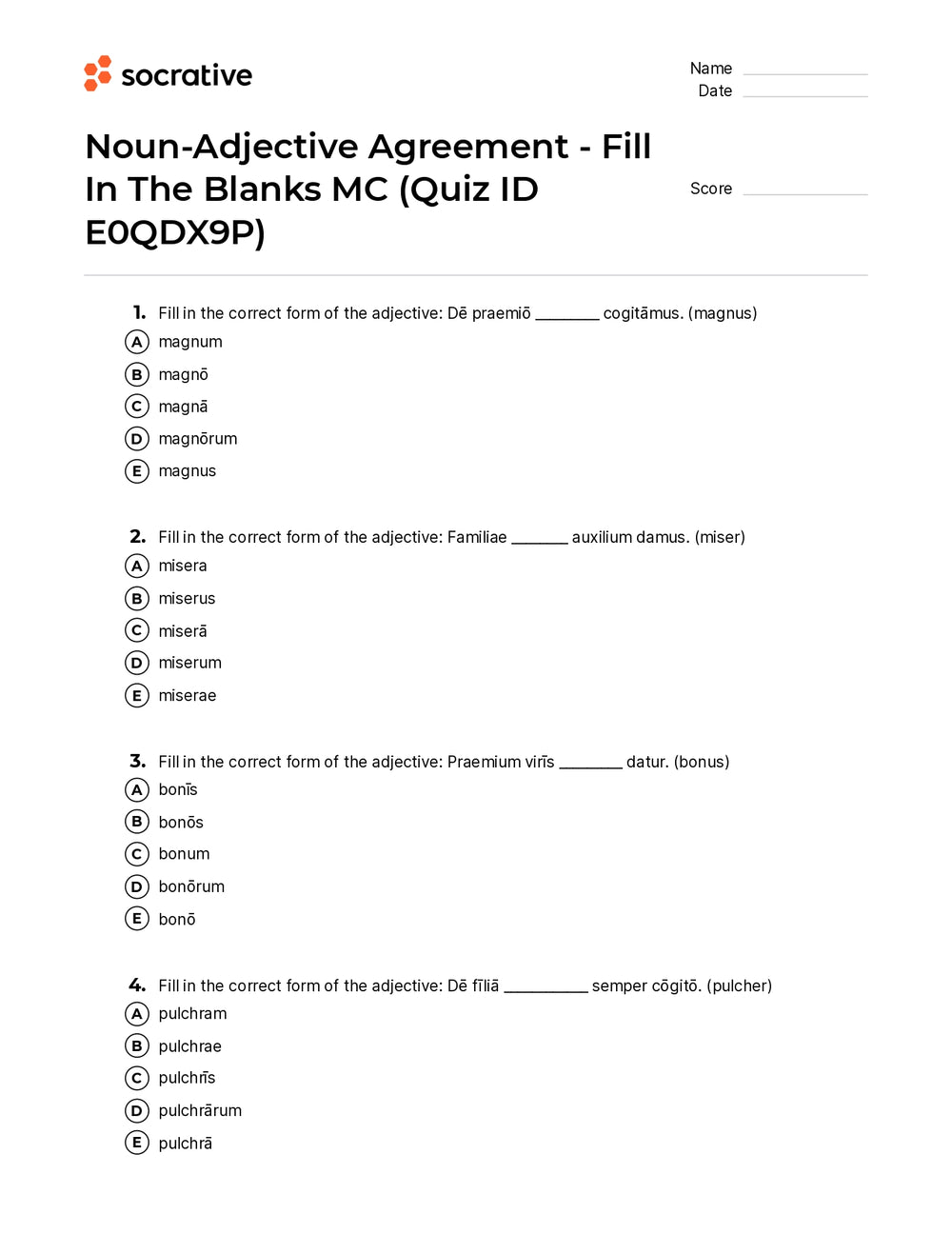 Noun-Adjective Agreement-Fill In The Blanks Mc – Quiz Shop