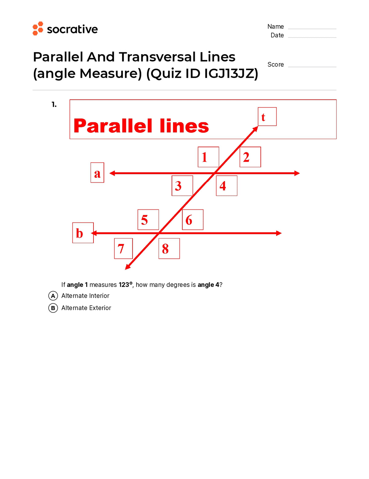 Parallel And Transversal Lines (Angle Measure) – Quiz Shop