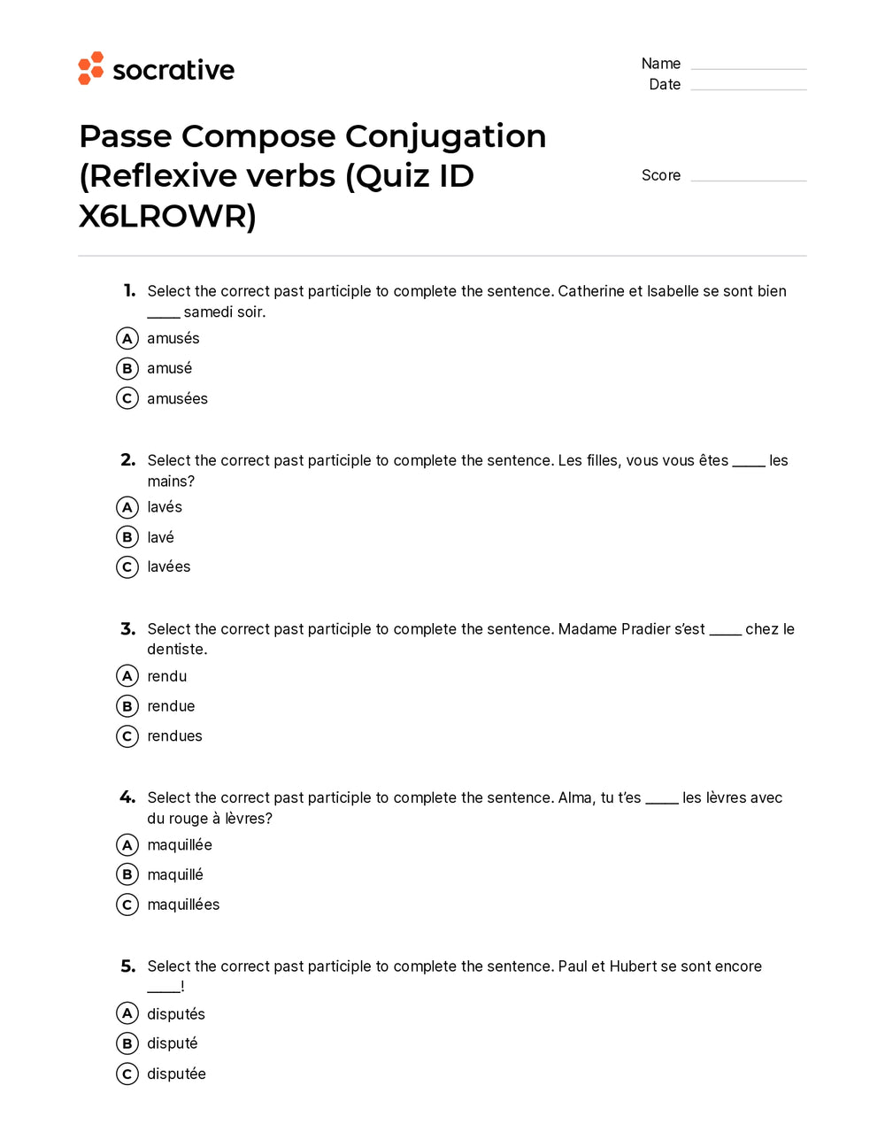 Passe Compose Conjugation (Reflexive Verbs – Quiz Shop