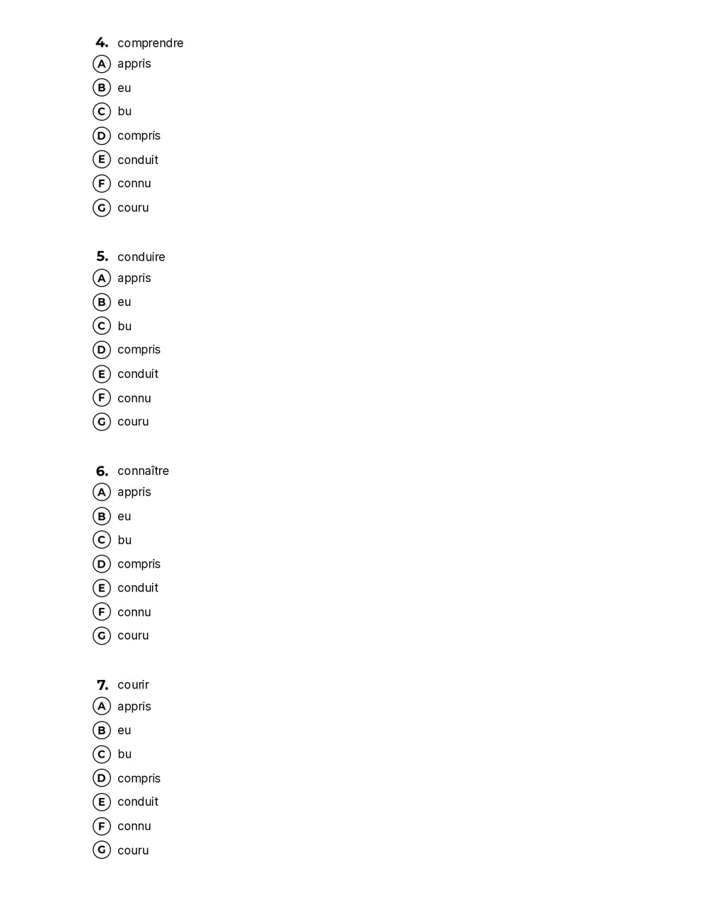Passe Compose W/Avoir Irregular Verbs Past Participle – Quiz Shop