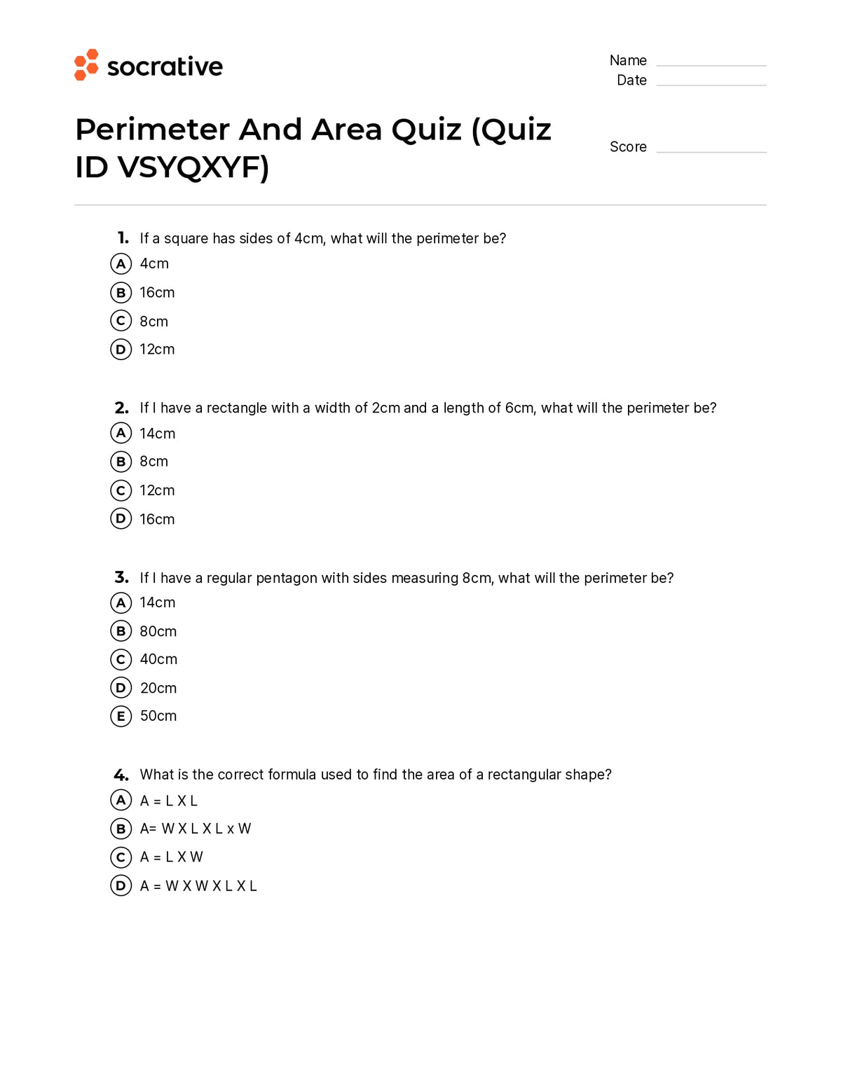 Perimeter And Area Quiz – Quiz Shop