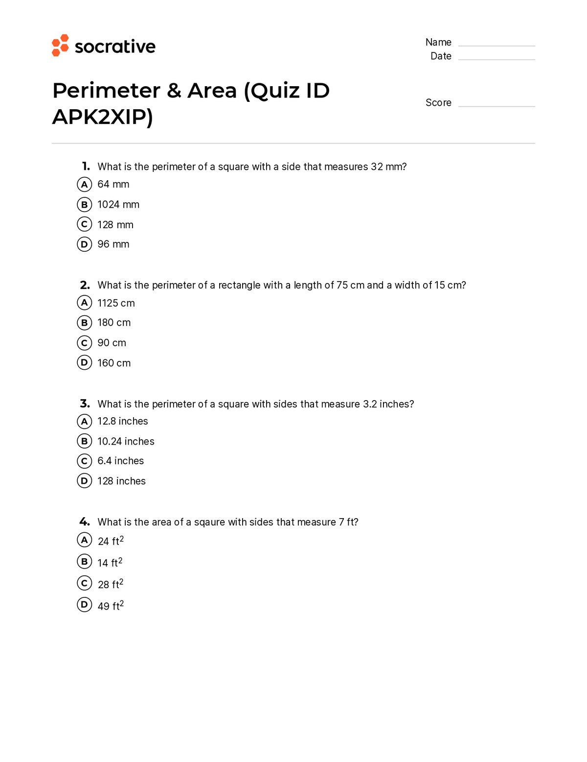Perimeter & Area – Quiz Shop