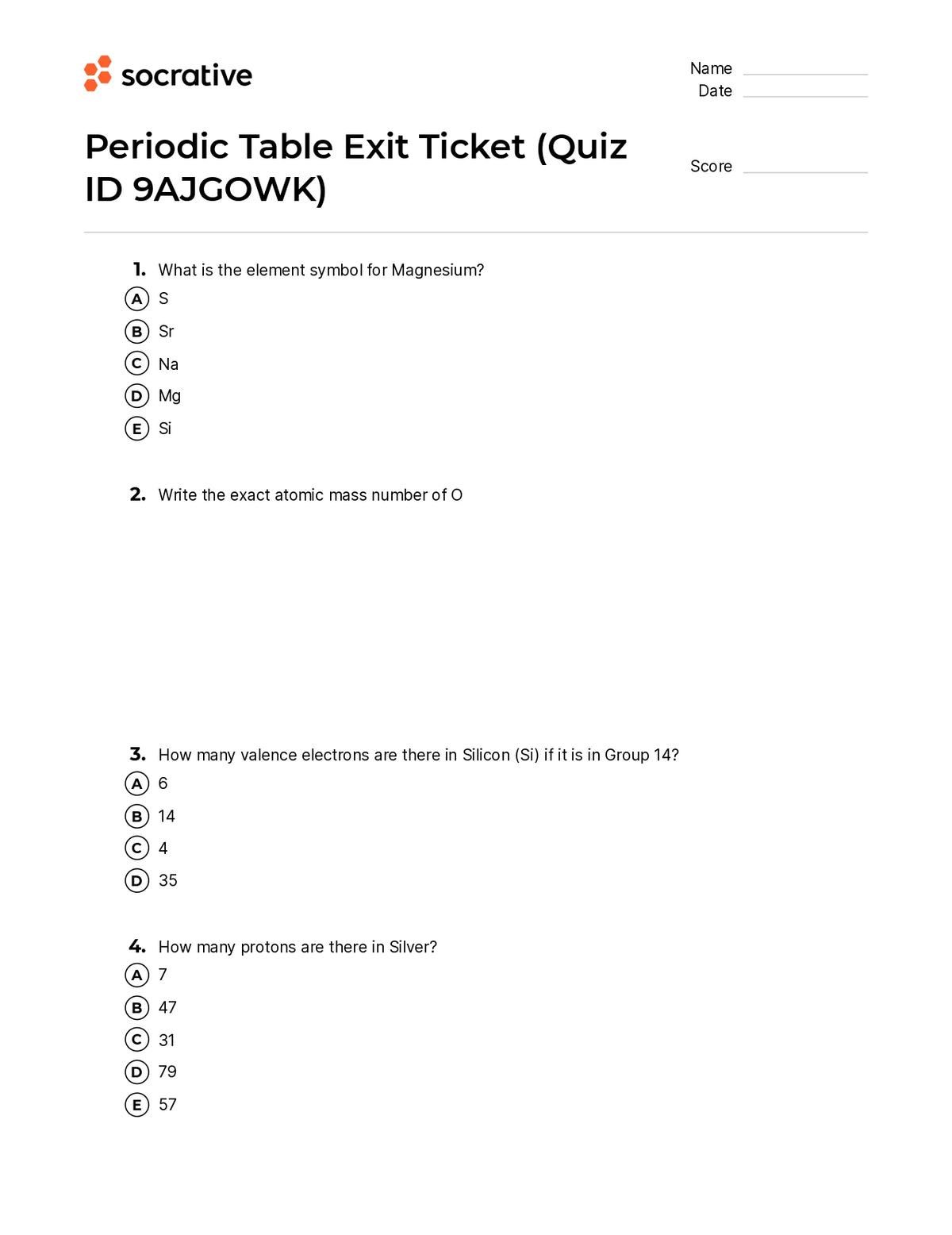 Periodic Table Exit Ticket – Quiz Shop
