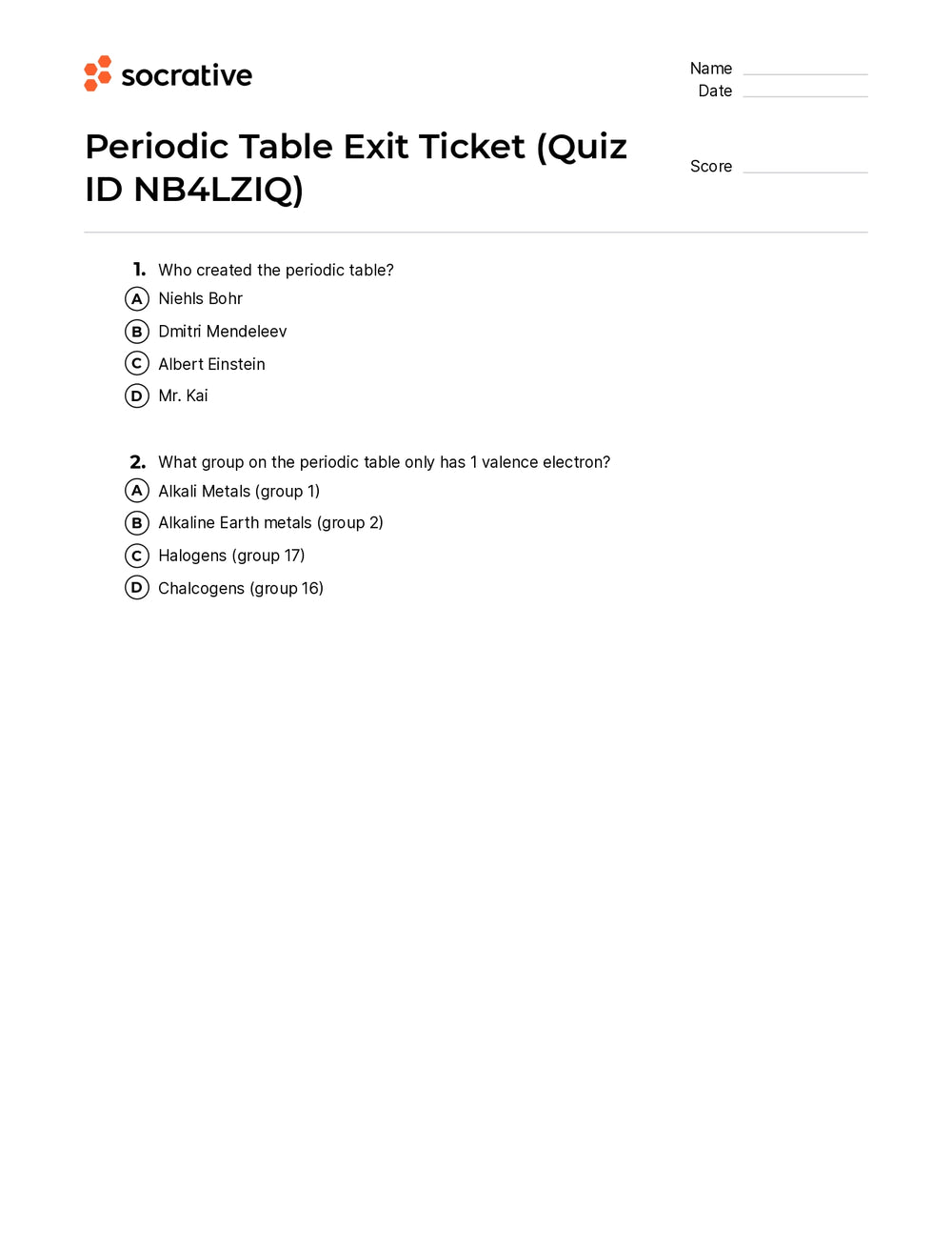 Periodic Table Exit Ticket – Quiz Shop