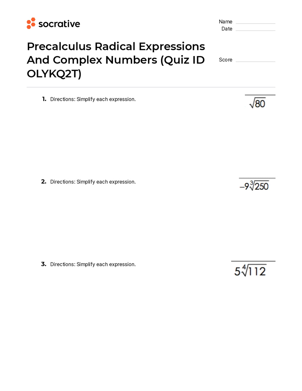 Precalculus Radical Expressions And Complex Numbers – Quiz Shop