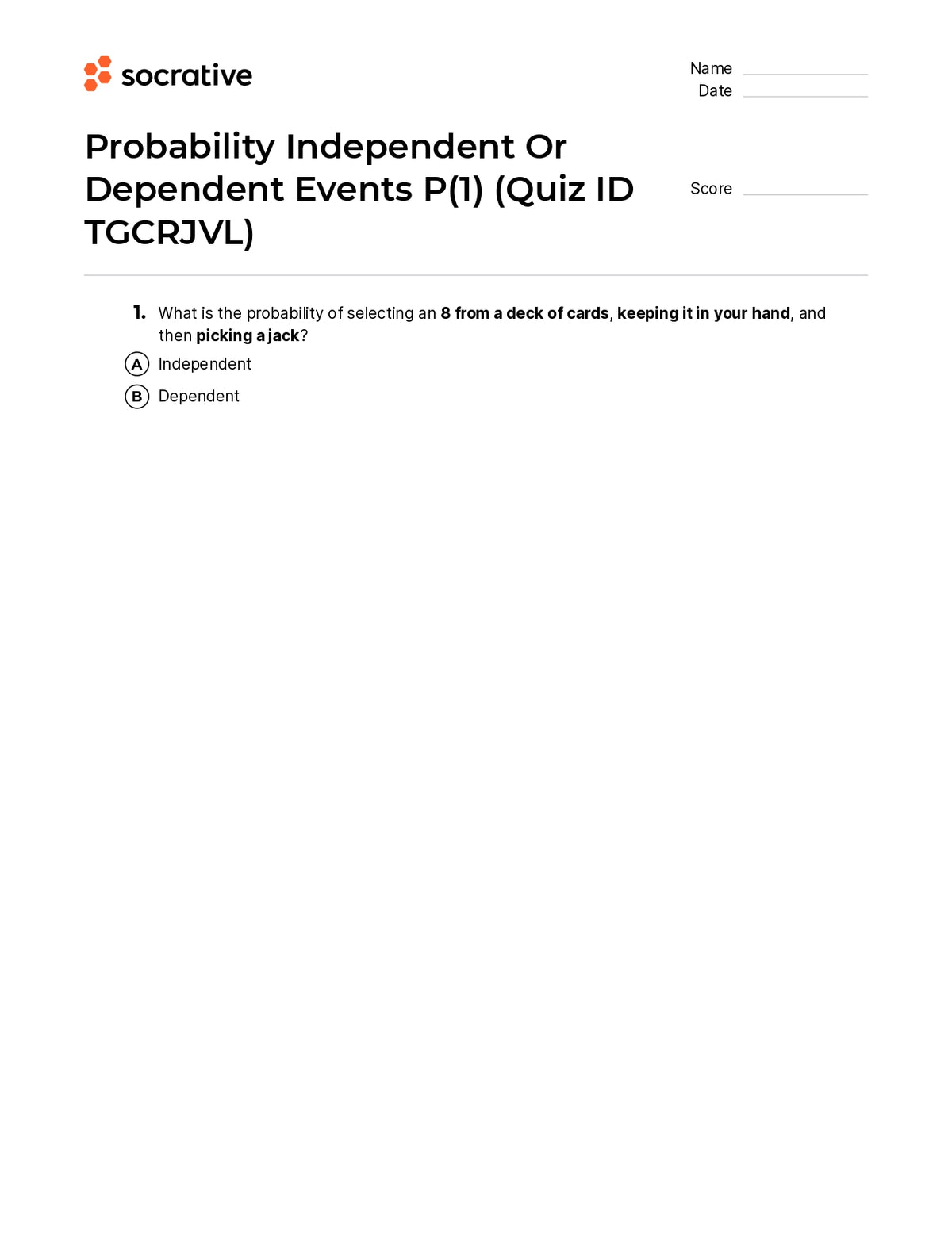 Probability Independent Or Dependent Events P(1) – Quiz Shop