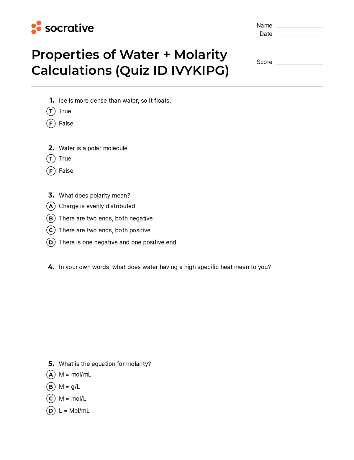 Properties Of Water + Molarity Calculations – Quiz Shop