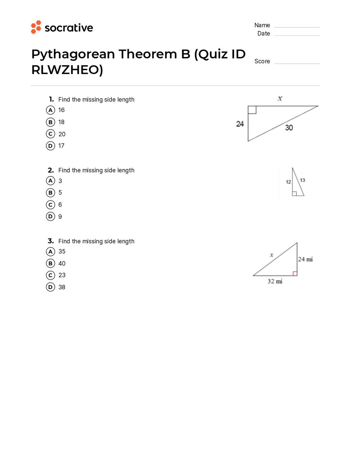 Pythagorean Theorem B – Quiz Shop