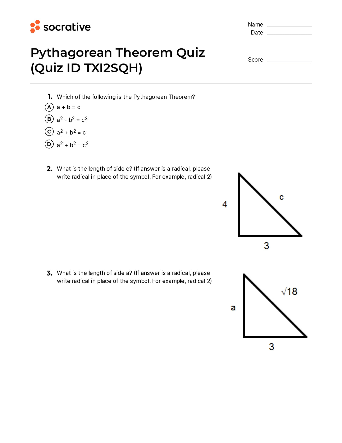 Pythagorean Theorem Quiz – Quiz Shop