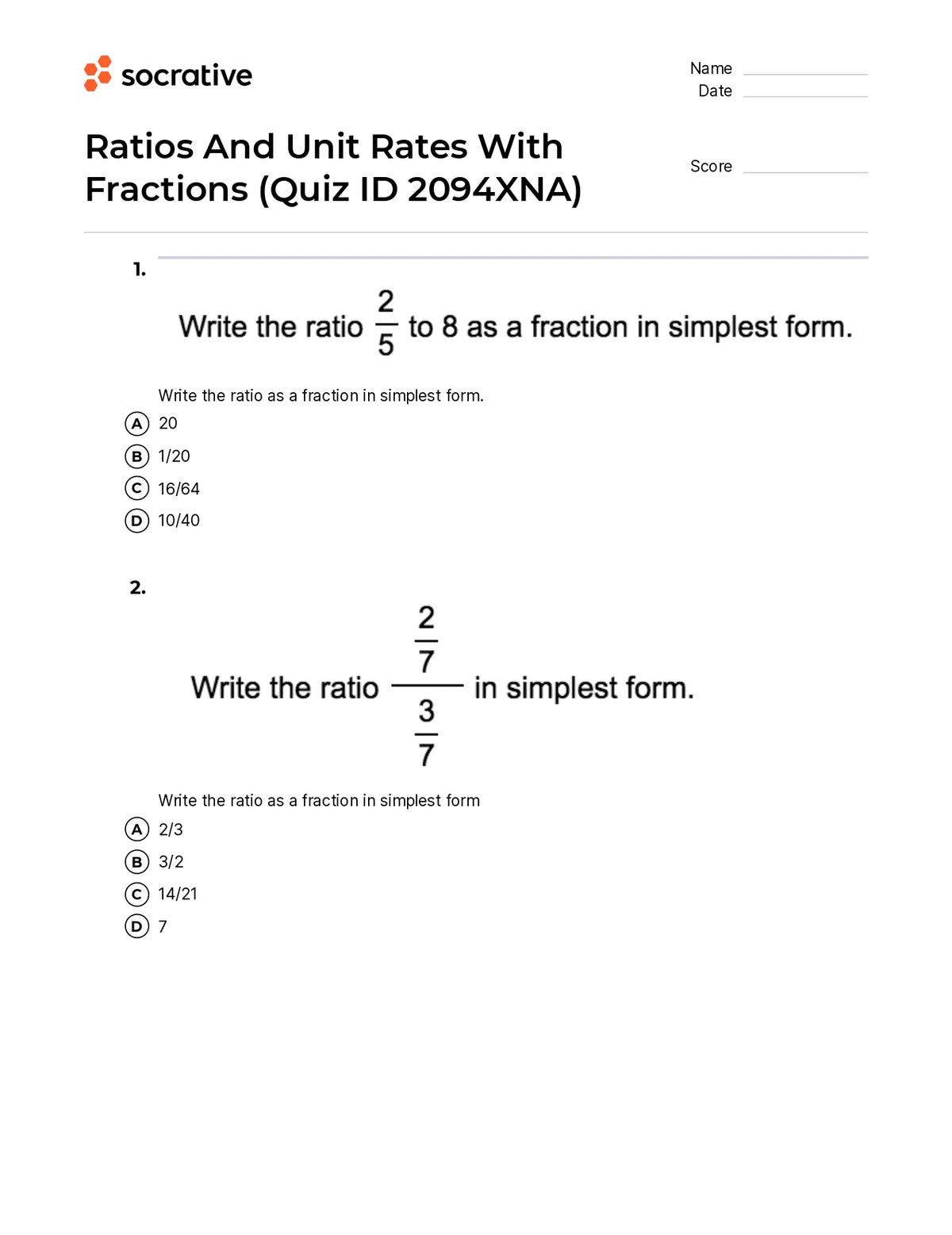 Ratios And Unit Rates With Fractions – Quiz Shop