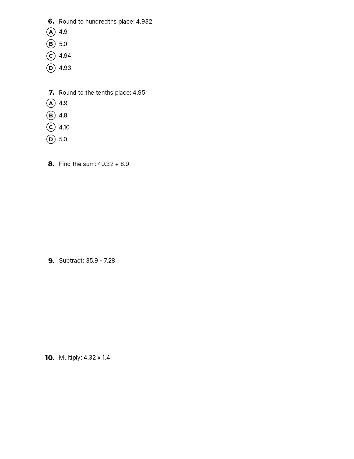 Reading Writing Comparing Ordering And Rounding Decimals Practice ...
