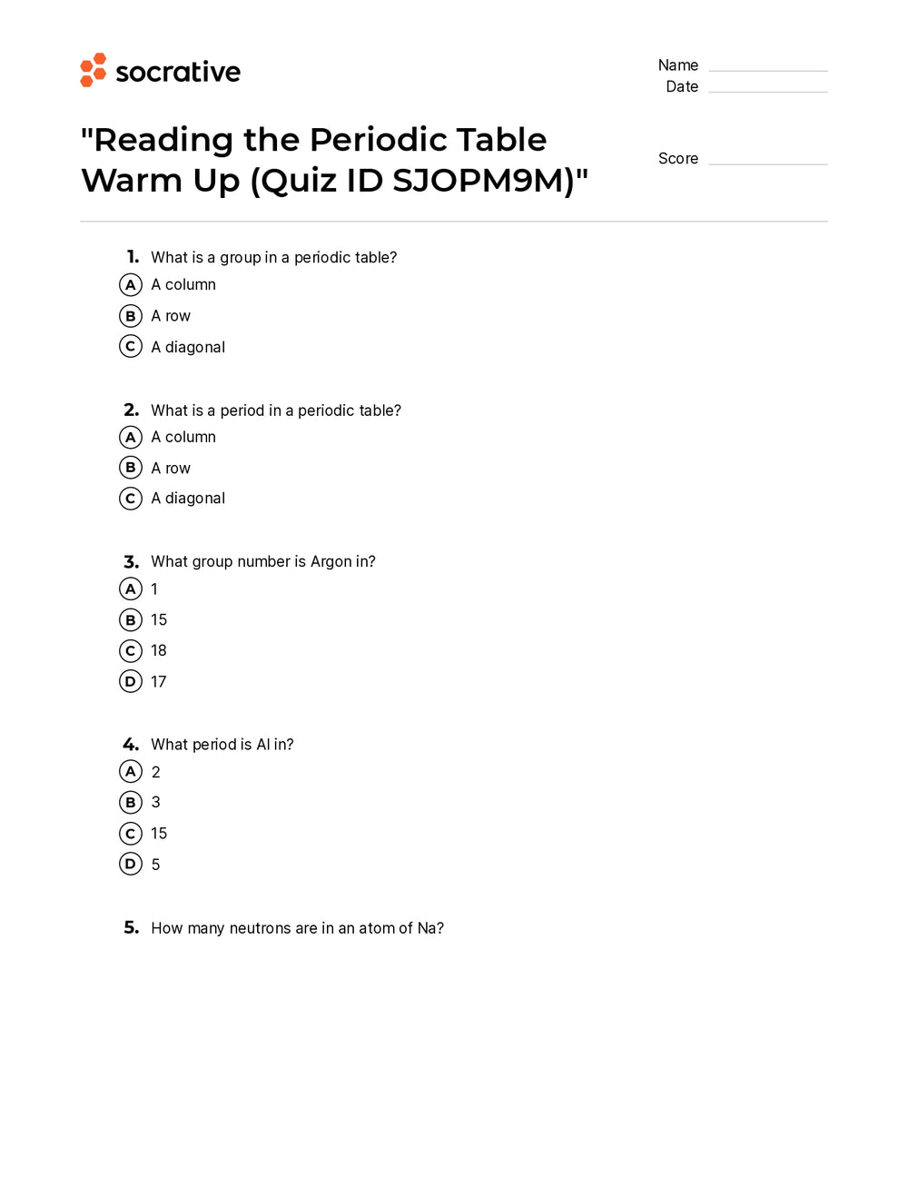 Reading The Periodic Table Warm Up – Quiz Shop