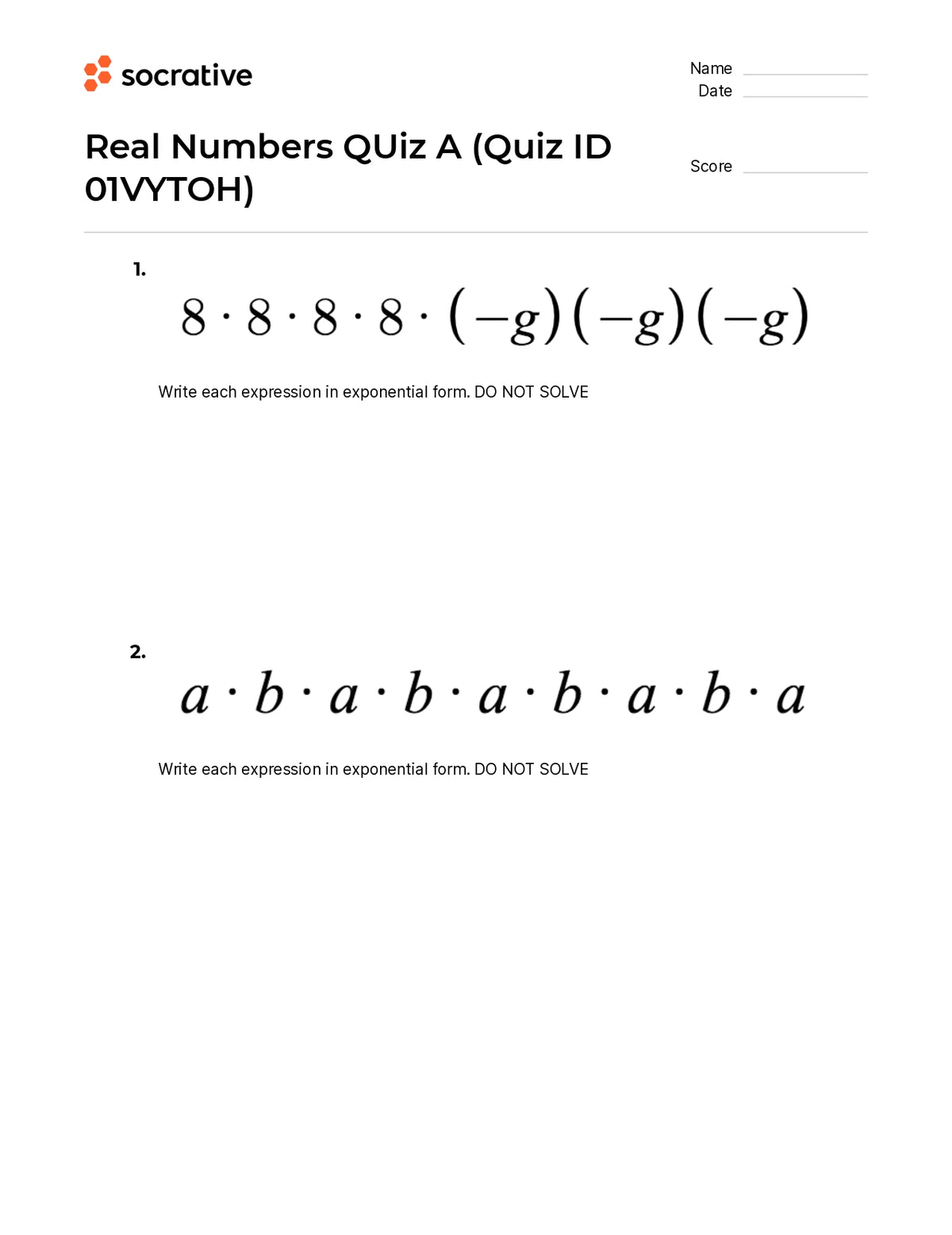 Real Numbers Quiz A – Quiz Shop