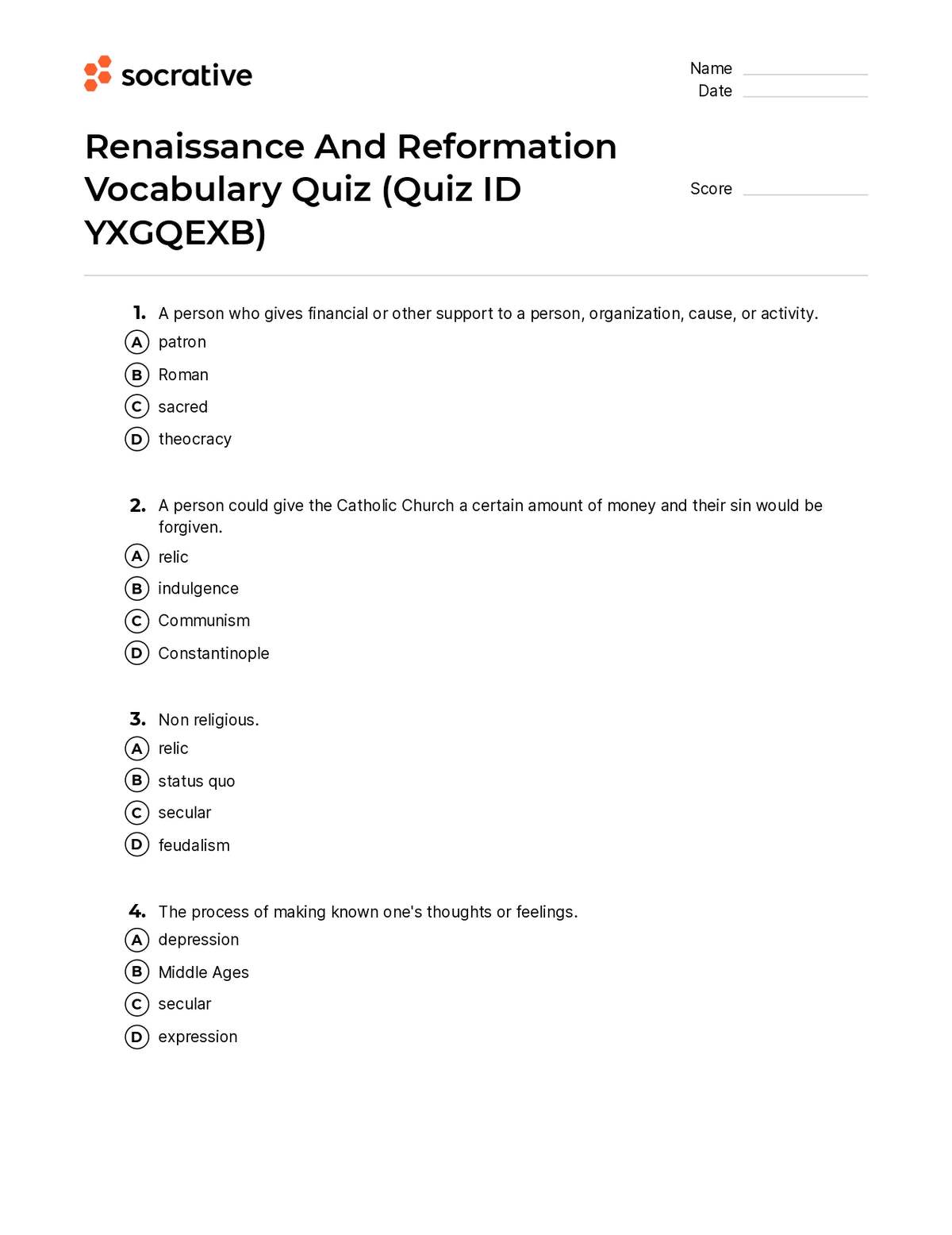 Renaissance And Reformation Vocabulary Quiz – Quiz Shop