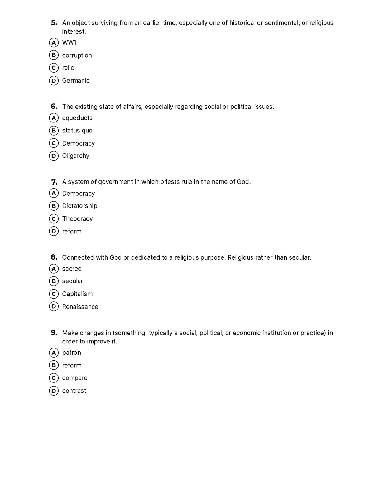 Renaissance And Reformation Vocabulary Quiz – Quiz Shop