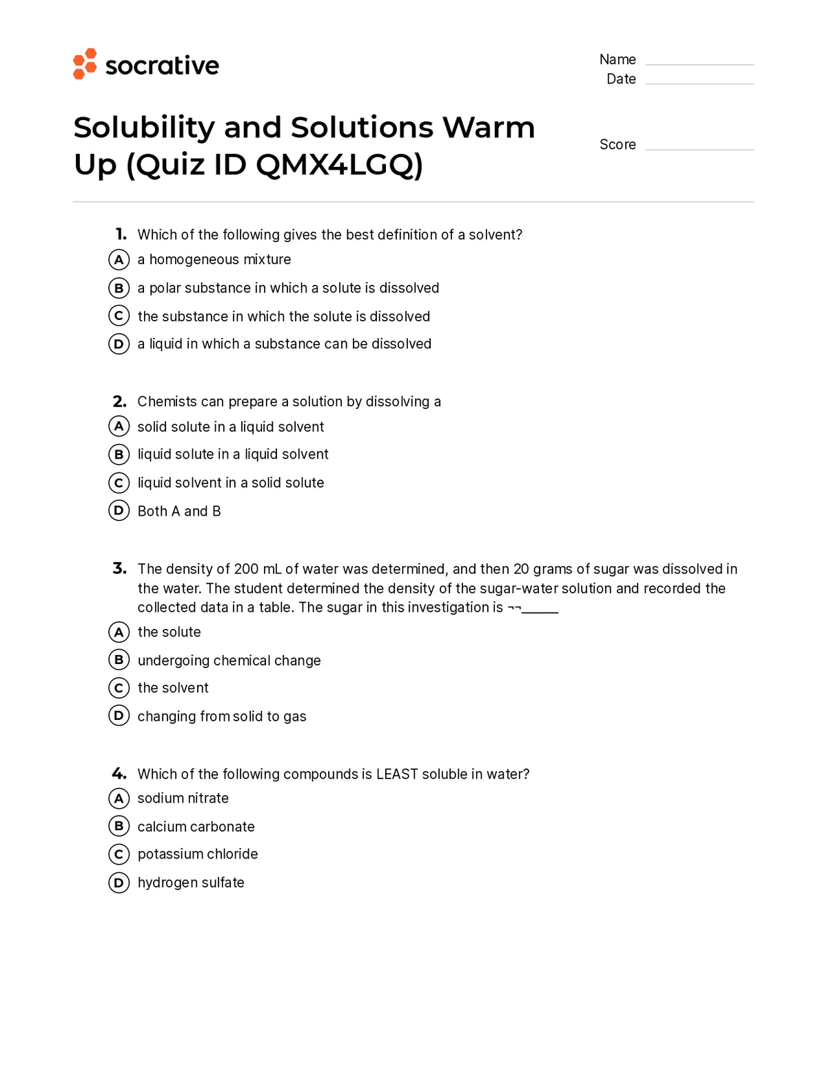 Solubility And Solutions Warm Up – Quiz Shop