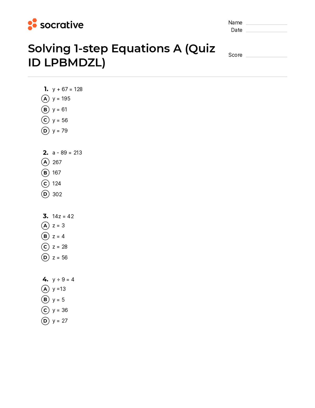 Solving 1-Step Equations A – Quiz Shop