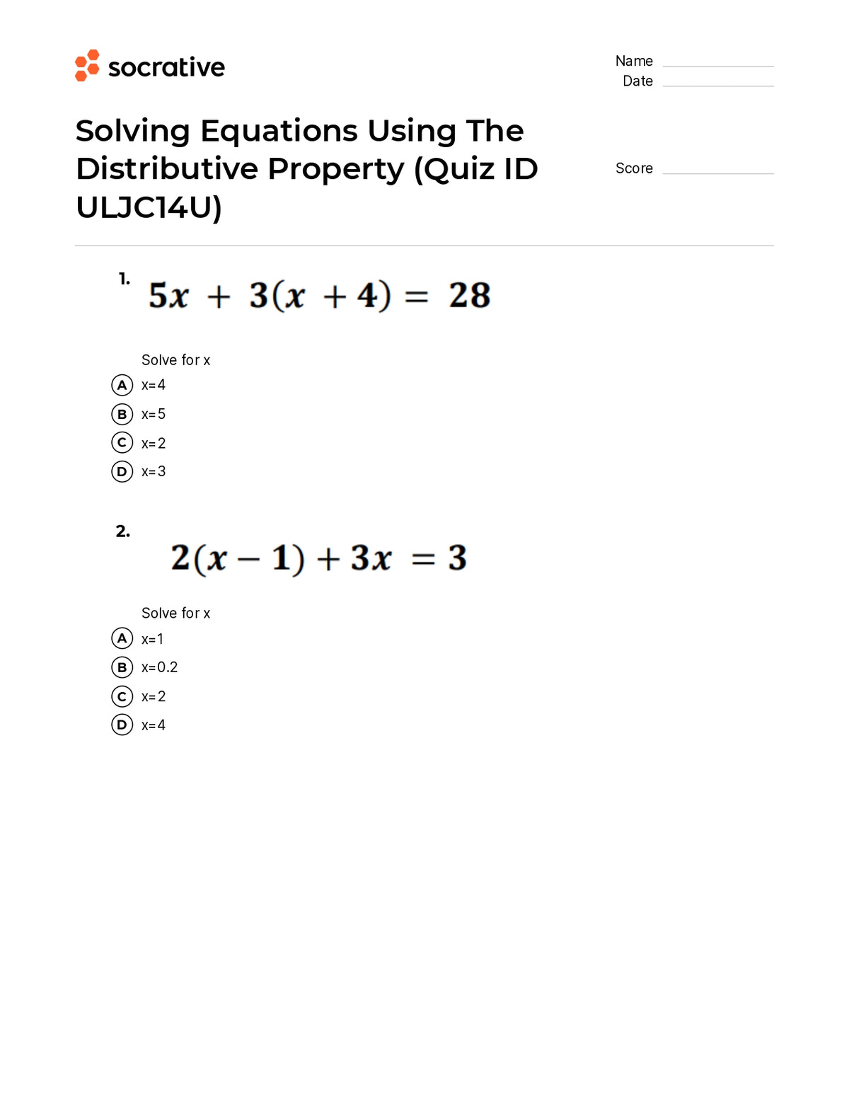 Solving Equations Using The Distributive Property – Quiz Shop