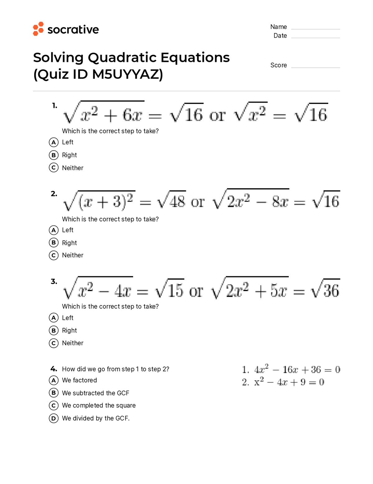 Solving Quadratic Equations – Quiz Shop