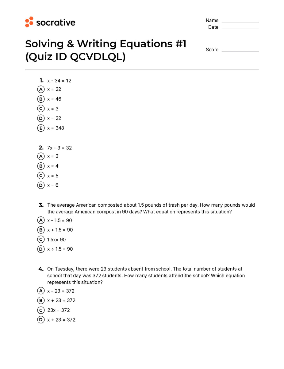 Solving & Writing Equations 1 – Quiz Shop