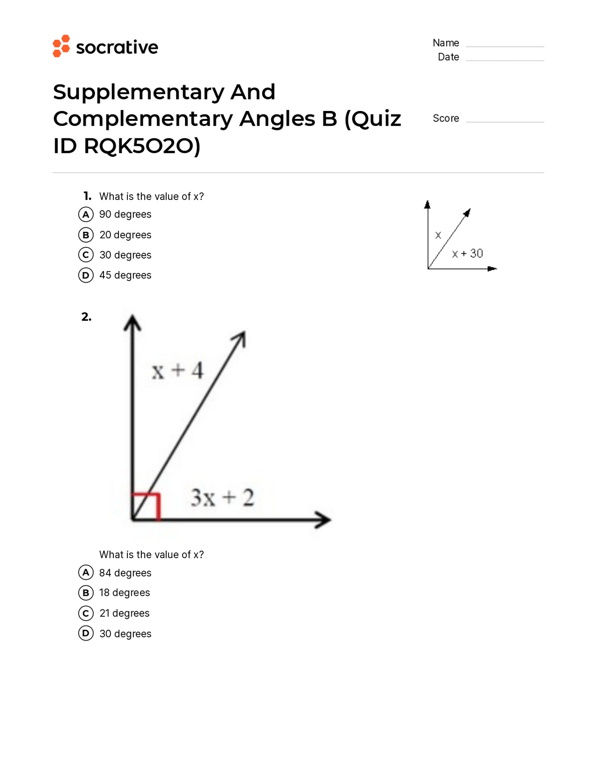 Supplementary And Complementary Angles B – Quiz Shop