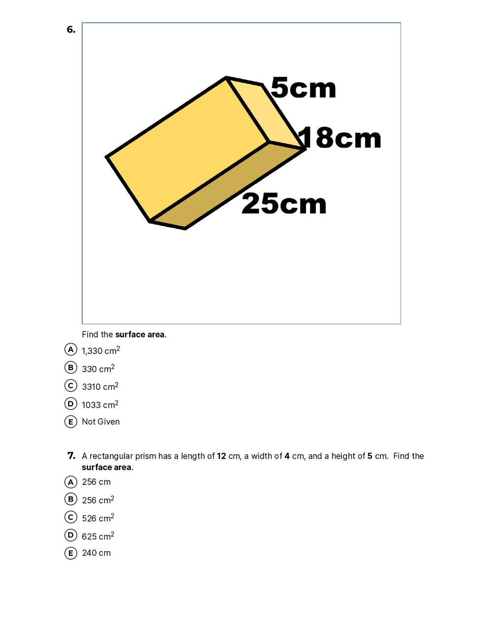 Surface Area Of Cubes And Prisms P(1) – Quiz Shop