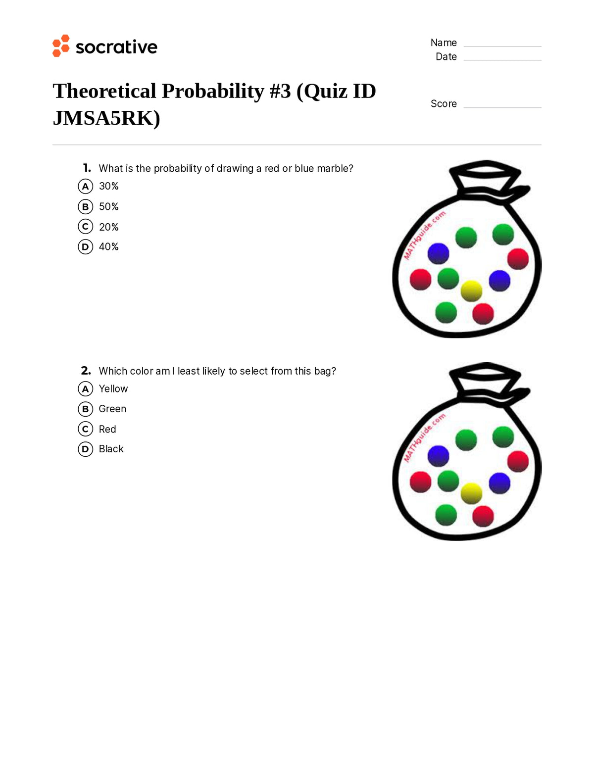 Theoretical Probability 3 – Quiz Shop