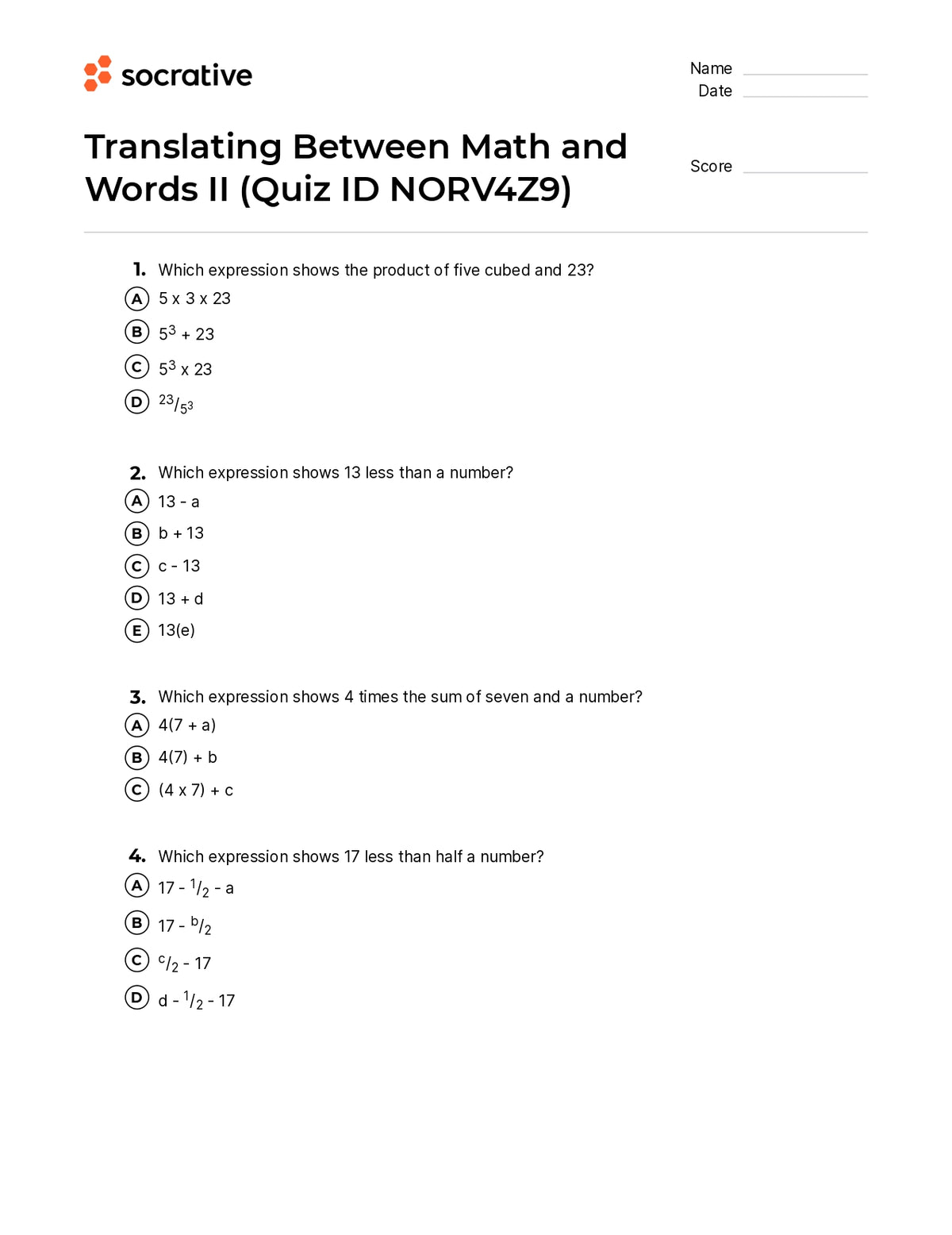 Translating Between Math And Words Ii – Quiz Shop